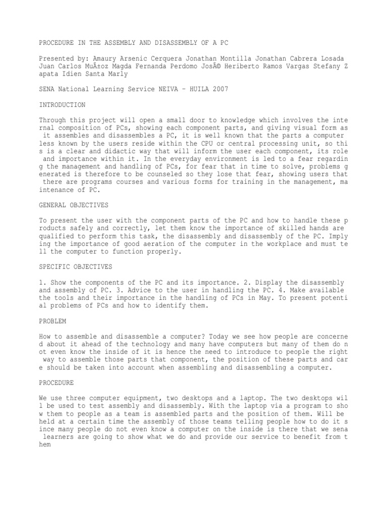 Procedure in The Assembly and Disassembly of A PC | PDF | Personal ...
