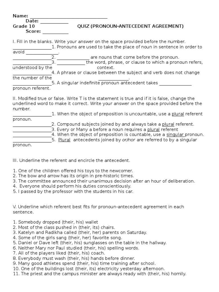English Quiz Pronoun Antecedent Agreement | PDF