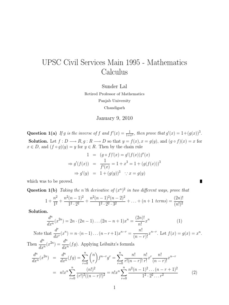 UPSC Civil Services Main 1995 - Mathematics Calculus: Sunder Lal | PDF ...