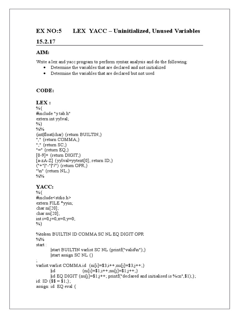 Lex Yacc Code To Find Declared Initialised Used Variables | PDF