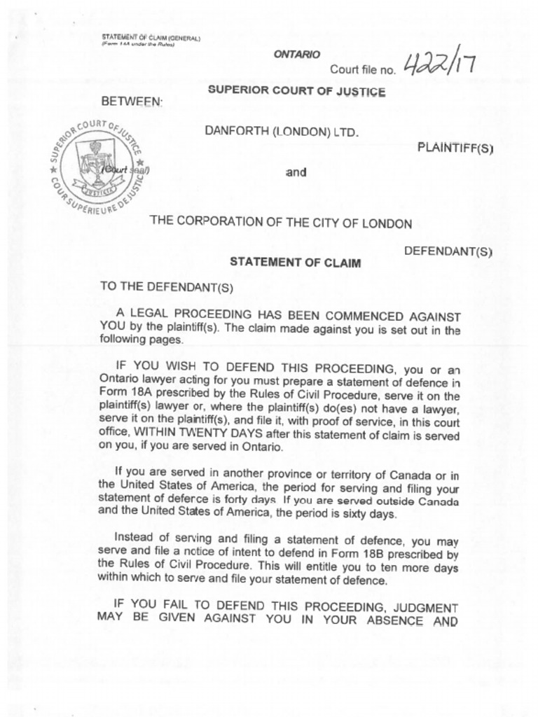 Danforth (London) Ltd. - Statement of Claim | PDF | Duty Of Care ...
