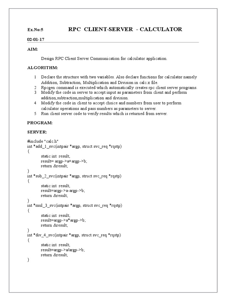 RPC Client Server For Calculator Program | Download Free PDF | Client ...