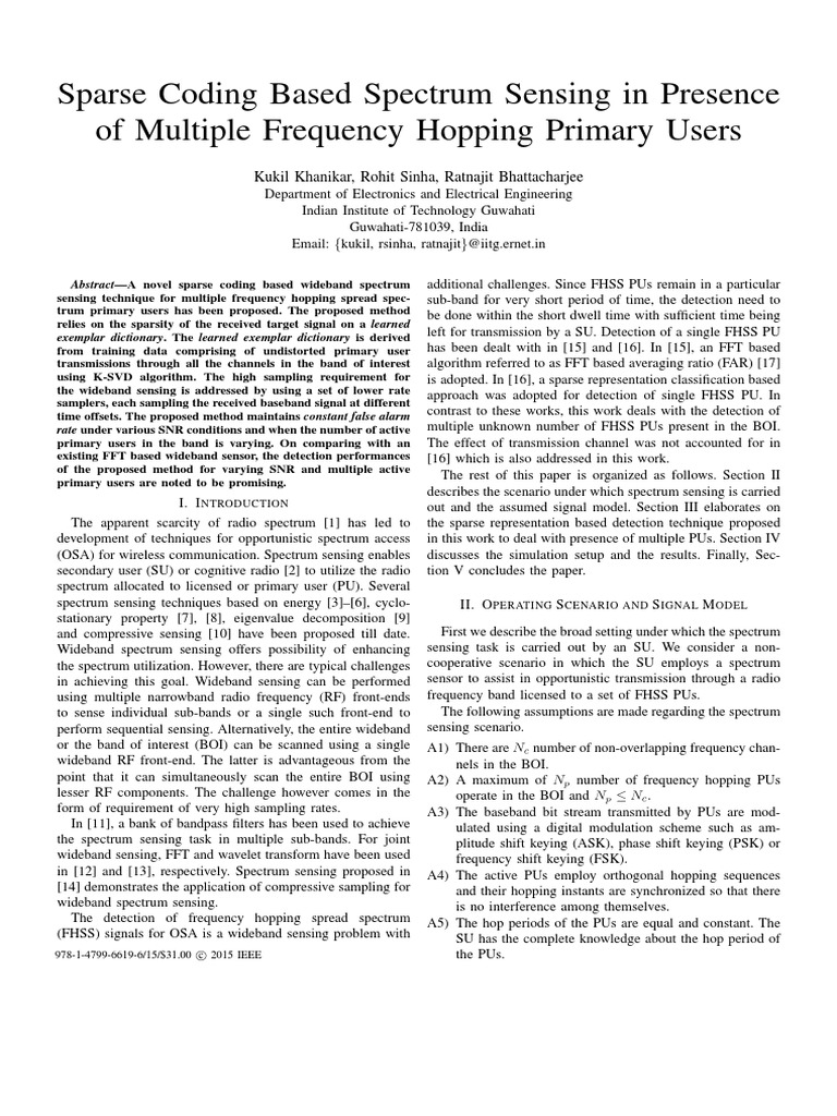 Sparse Coding Based Spectrum Sensing in Presence of Multiple Frequency Hopping Primary Users ...
