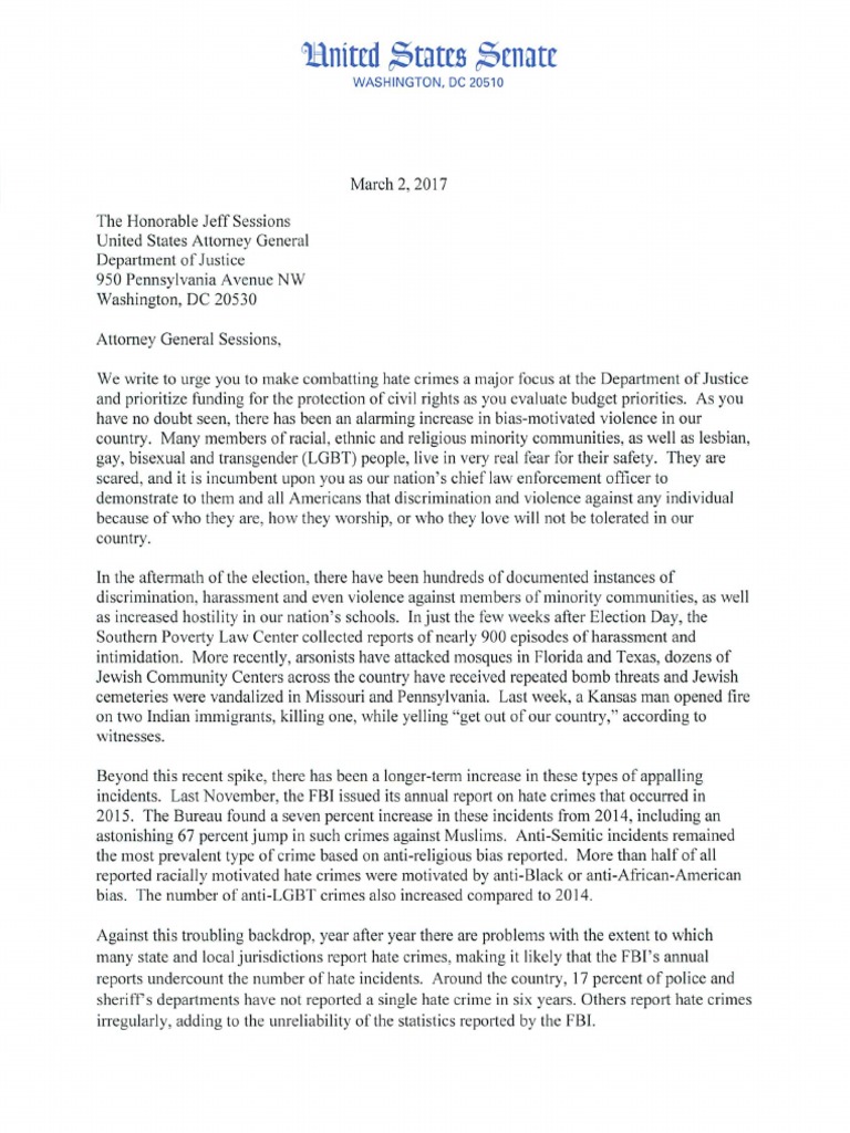030217 Letter to AG Sessions Re Hate Crimes