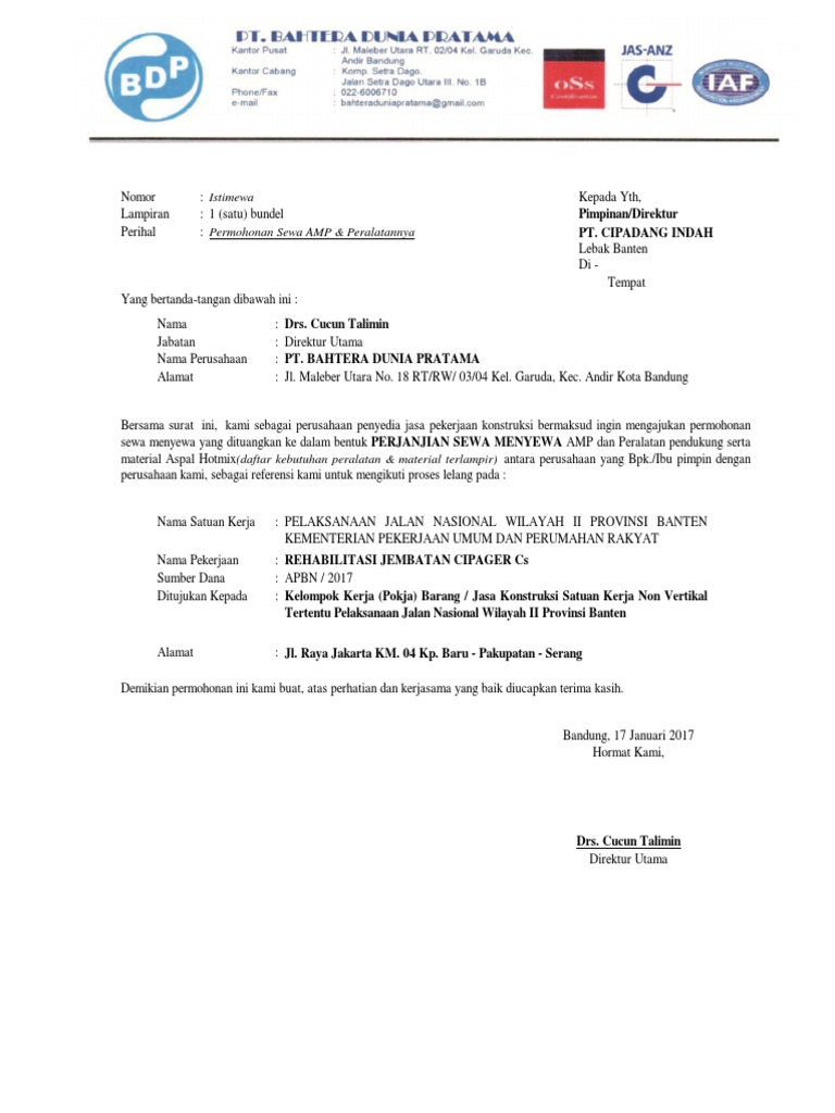 Permohonan Duk AMP, Alat & Hotmix - CIPAGER - PT. BDP | PDF
