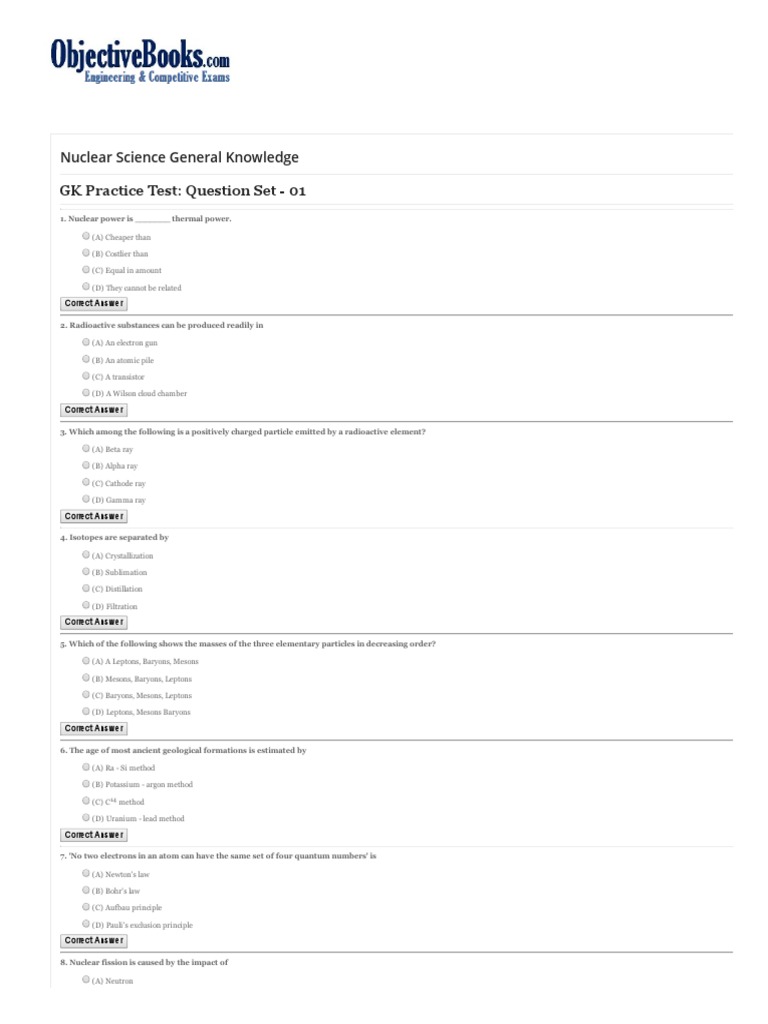 Nuclear Science General Knowledge GK Practice Test: Question Set 01 | PDF