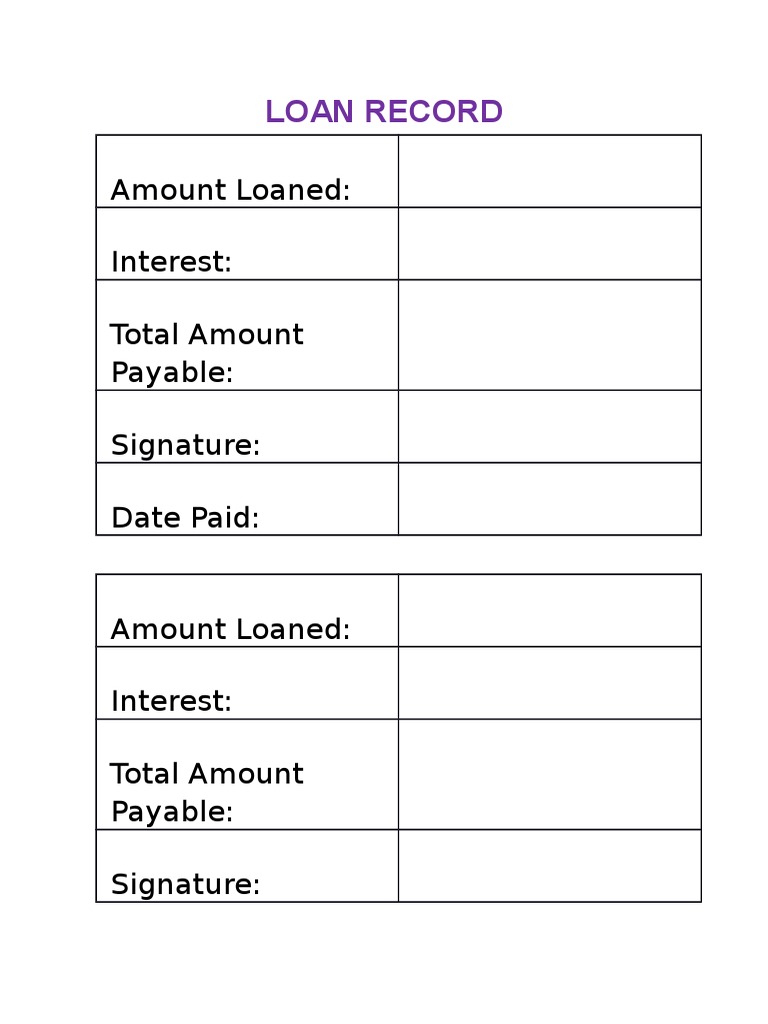 Loan Record: Amount Loaned: Interest: Total Amount Payable: Signature ...