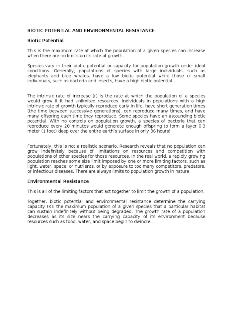 Biotic Potential and Environmental Resistance | Resource | Population