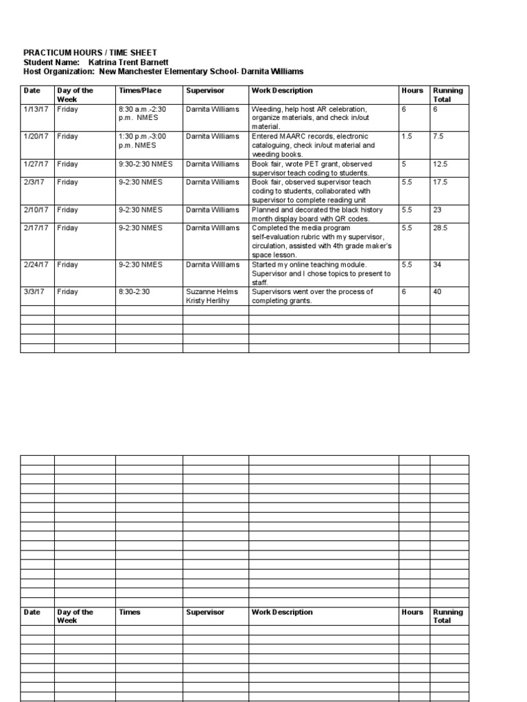 Practicum Hours / Time Sheet Student Name: Katrina Trent Barnett Host Organization: New ...