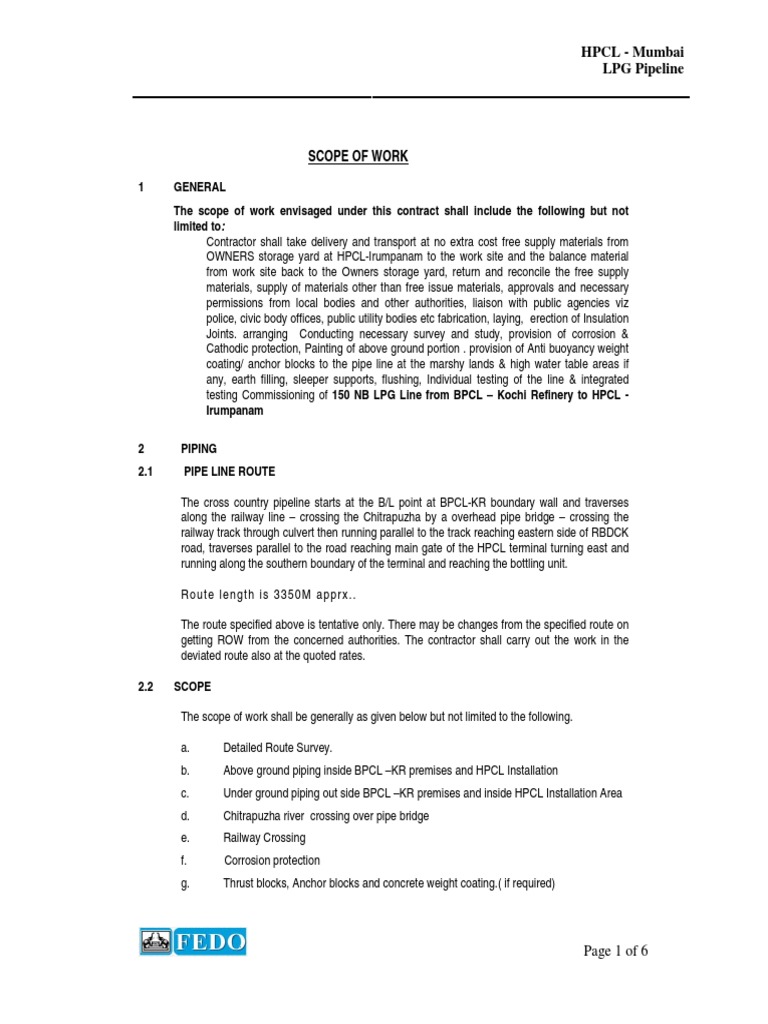 Scope of Work | Pipeline Transport | Pipe (Fluid Conveyance)