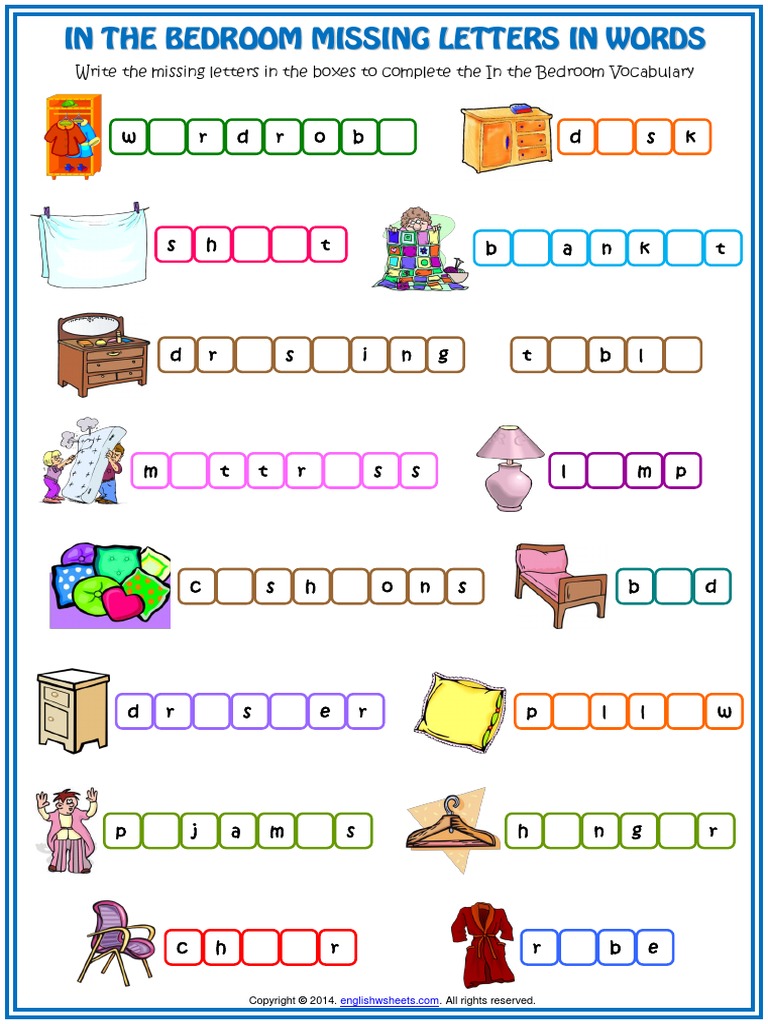 In The Bedroom Missing Letters in Words Esl Worksheet | PDF | Copyright ...