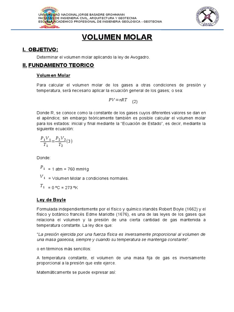 Cálculo del Volumen Molar de Gases | PDF | Gases | Mole (Unidad)