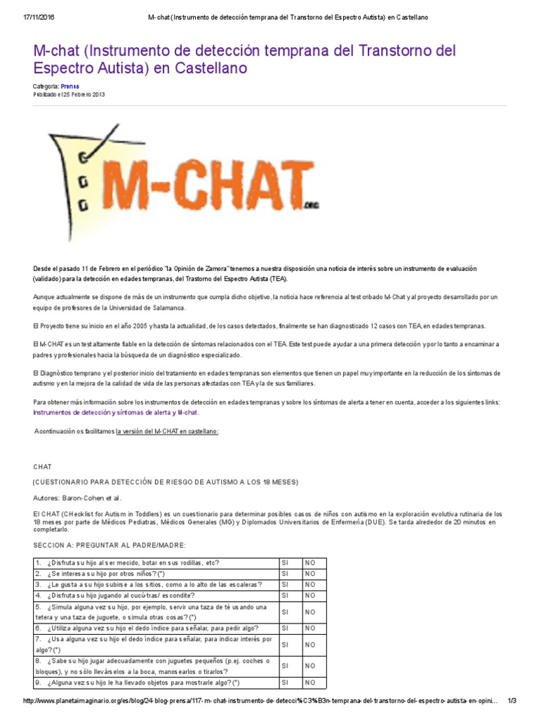 M-Chat (Instrumento de Detección Temprana Del Transtorno Del Espectro ...