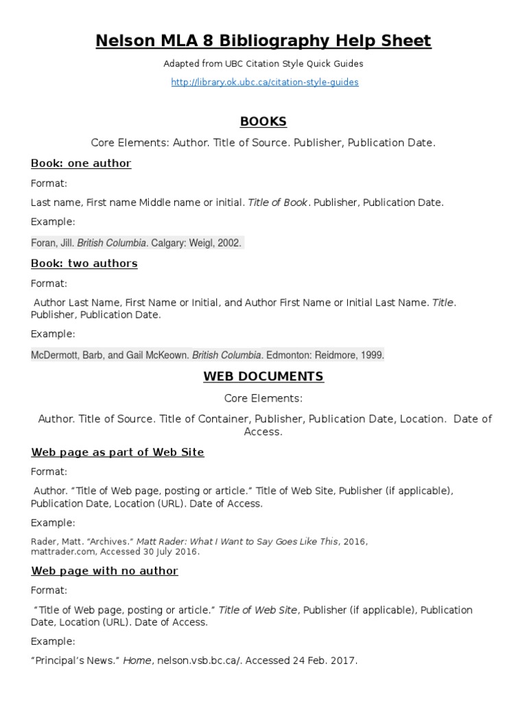Nelson MLA 8 Bibliography Help Sheet: Books | PDF | World Wide Web ...