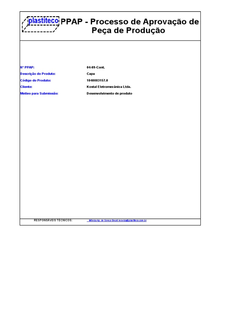 PPAP Modelo 09 | Engenharia | Embalagem e Rotulagem