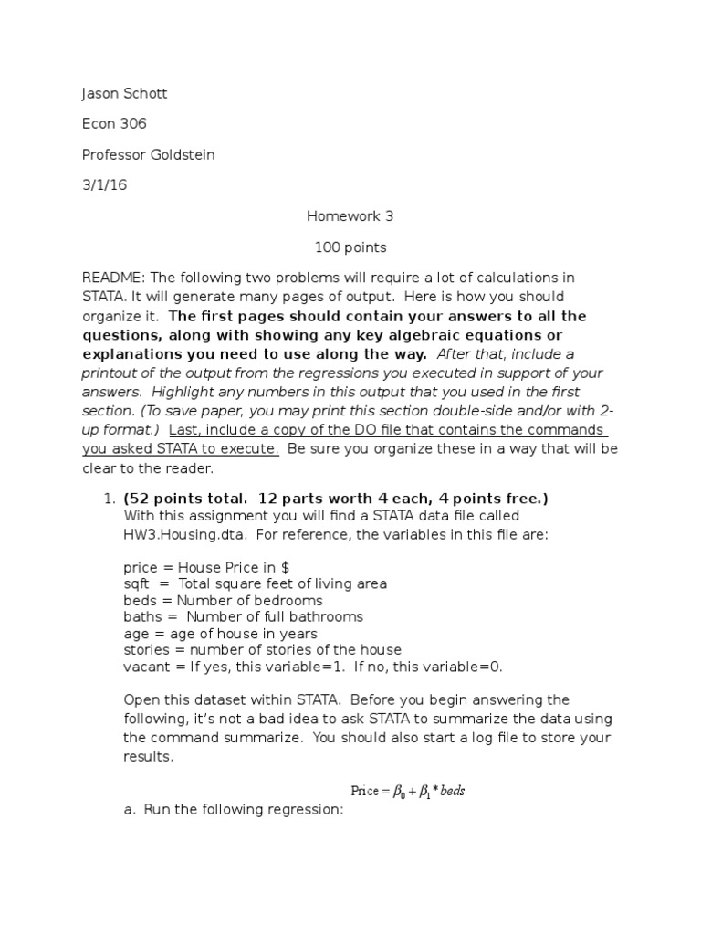 Econ 306 Hw 3 Pdf Regression Analysis P Value