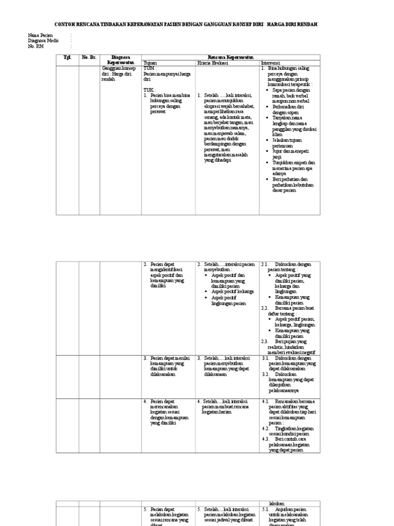 Contoh Rencana Tindakan Keperawatan Pasien Dengan Gangguan Konsep Diri ...