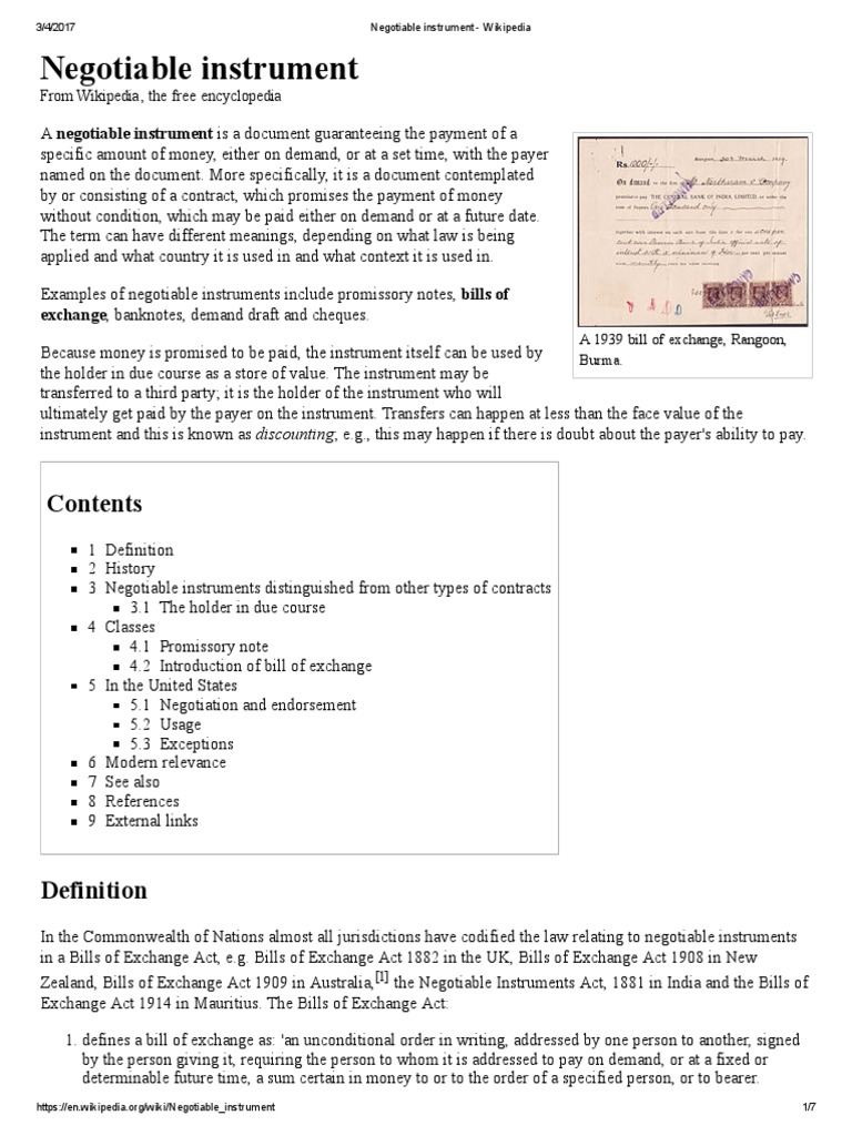 Negotiable Instrument - Summary | PDF | Negotiable Instrument | Civil ...