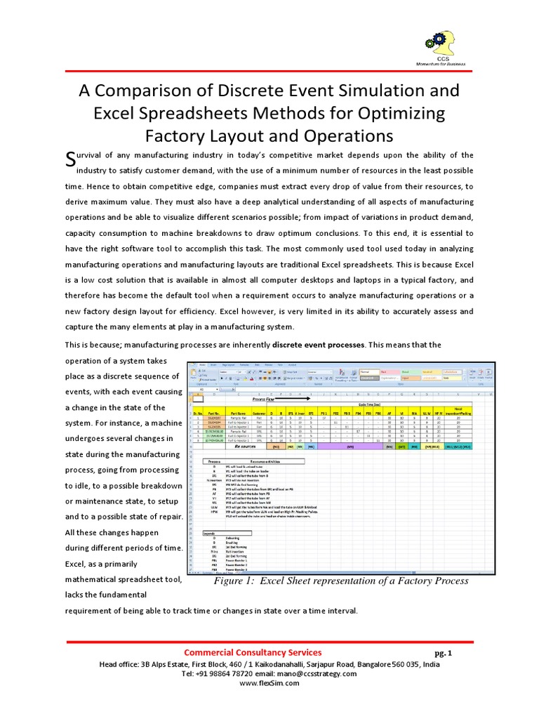 A Comparison of Discrete Event Simulation and Excel Spreadsheets Methods For Optimizing Factory ...