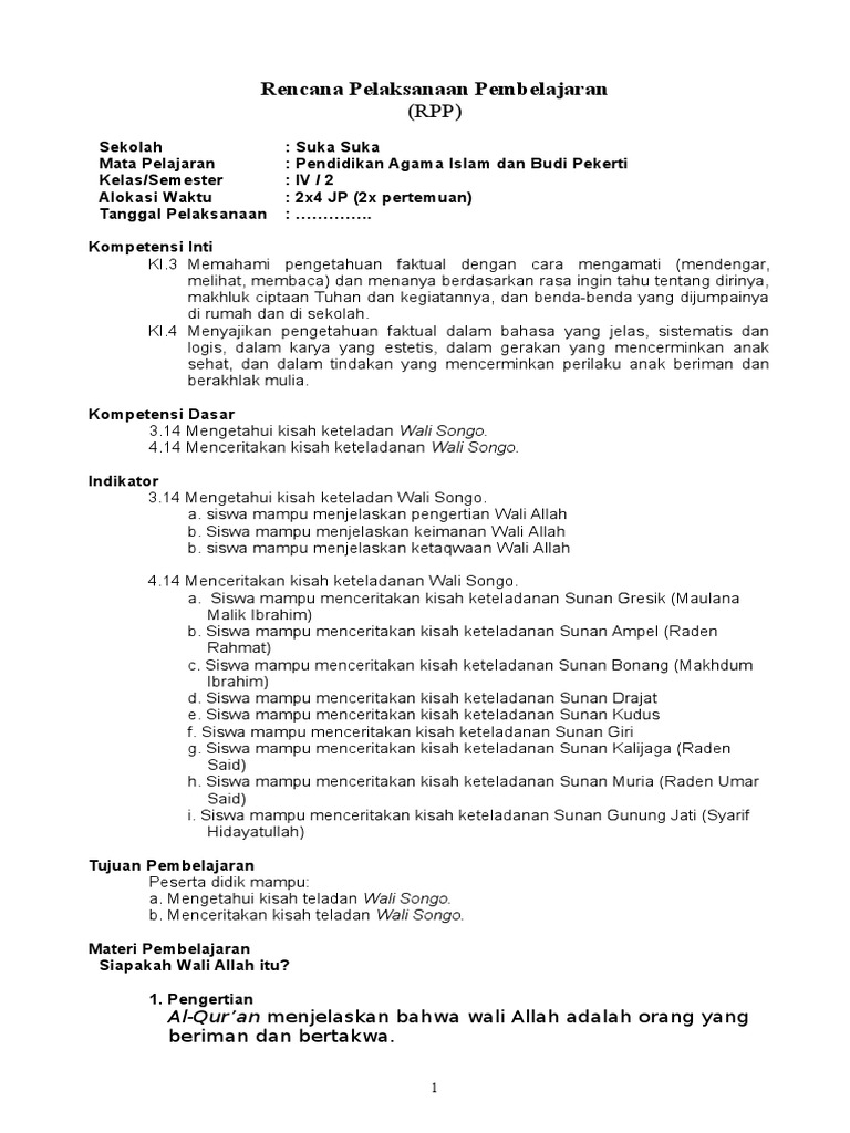 RPP Kelas IV Tema 10 (Walisongo) | PDF | Seni & Disiplin Bahasa | Agama & Spiritualitas