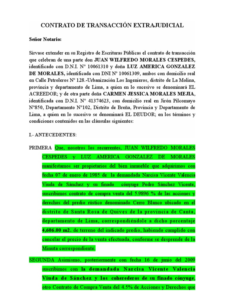 Modelo de Contrato de Transacción Extrajudicial | Pagos | Ley común