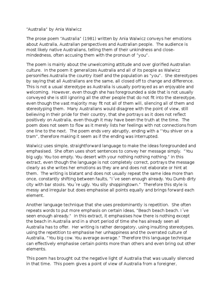 Australia Analysis - Ania Walwicz | PDF | Poetry