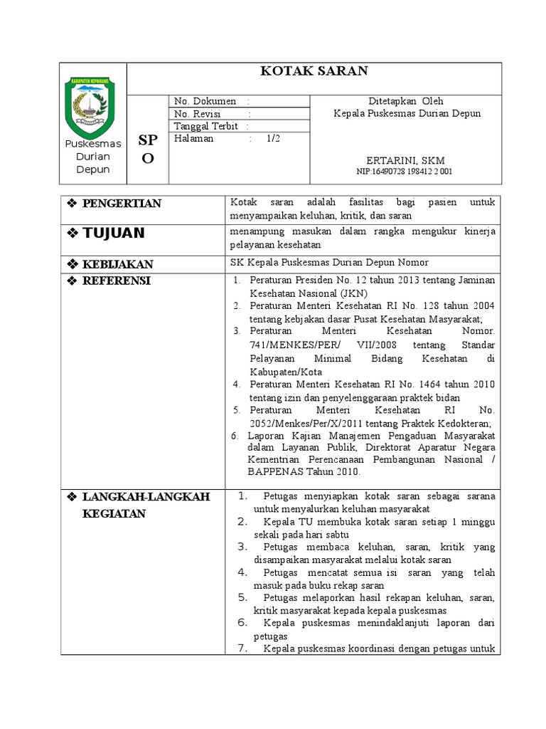 Kotak Saran Puskesmas Durian Depun | PDF | Kesehatan Holistik