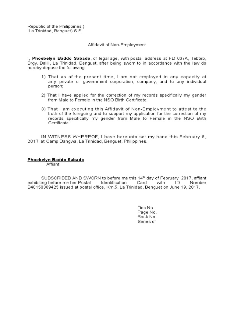 Affidavit of Non-Employment | Affidavit | Government Information