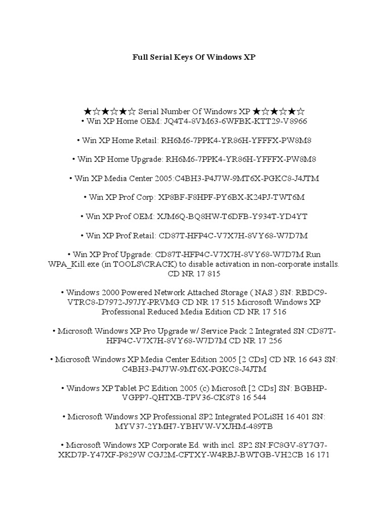 Full Serial Keys of Windows XP All Version | PDF | Windows Xp | Windows ...