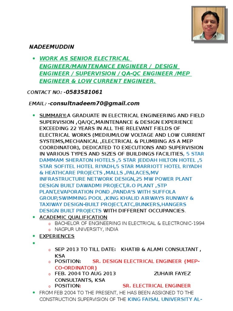 Work As Senior Electrical Engineer/Maintenance Engineer / Design ...