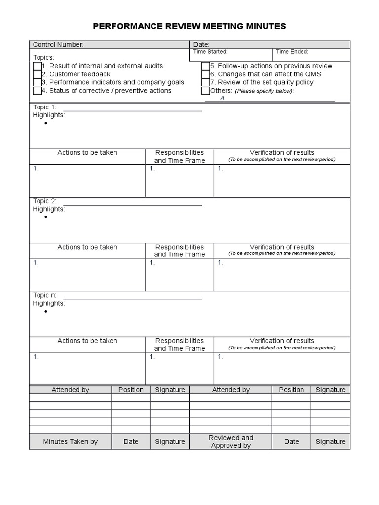 Sample Management Review Meeting Minutes - Blank | PDF