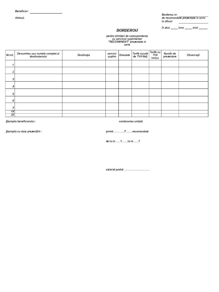 Model Borderou Serie Posta Romana | PDF