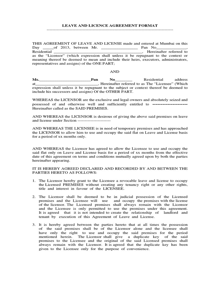 Ha Realty Residential Leave License Agreement Draft | PDF | License ...