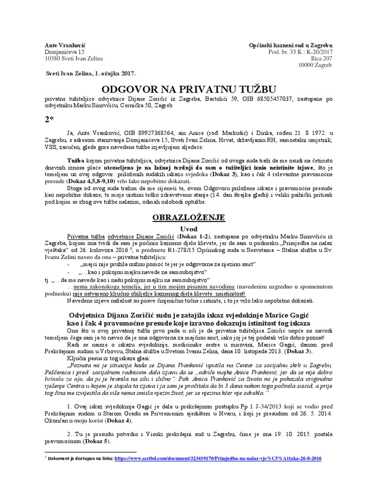 Odgovor Na Kaznenu Tužbu - 1 3 2017 | PDF