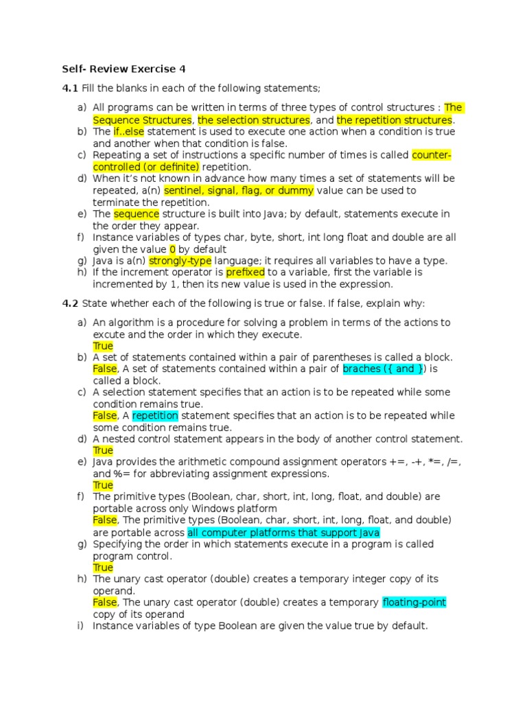 Self Review Exercise 4 Java Programming | PDF | Boolean Data Type | Integer (Computer Science)
