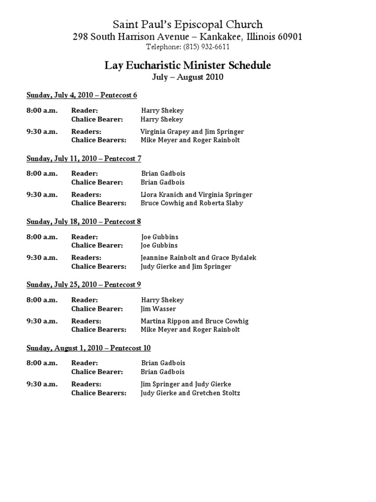 Lay Eucharistic Minister Schedule 2010 | PDF | Sports & Recreation ...