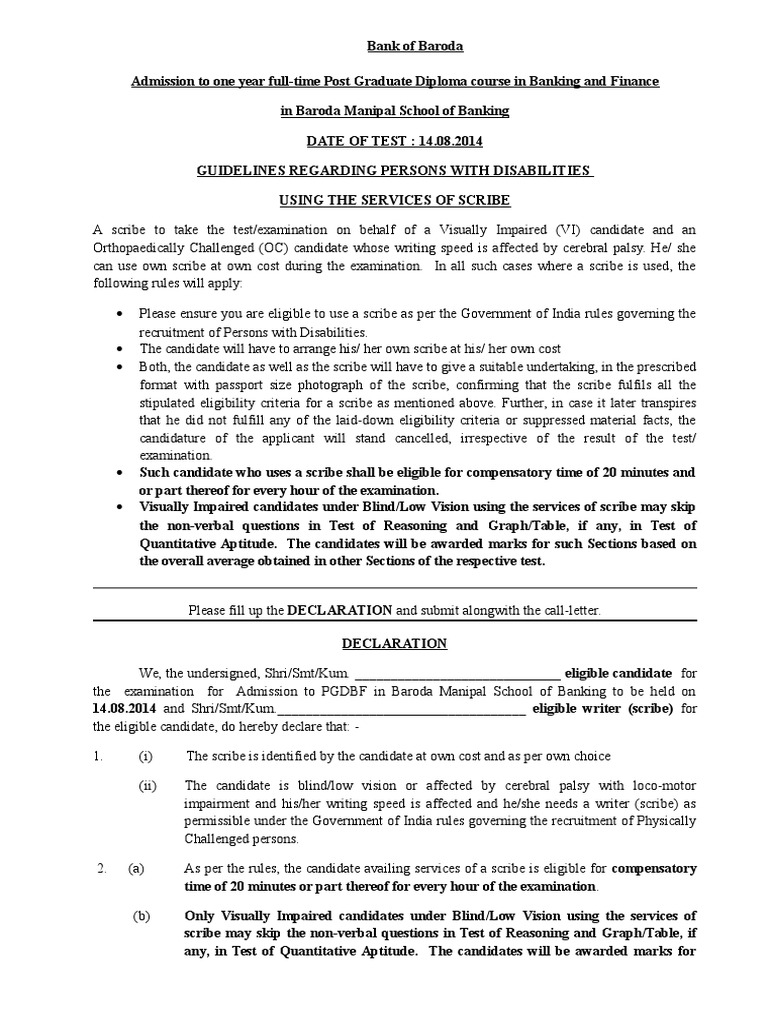 Scribe Declaration Form | PDF | Visual Impairment | Test (Assessment)