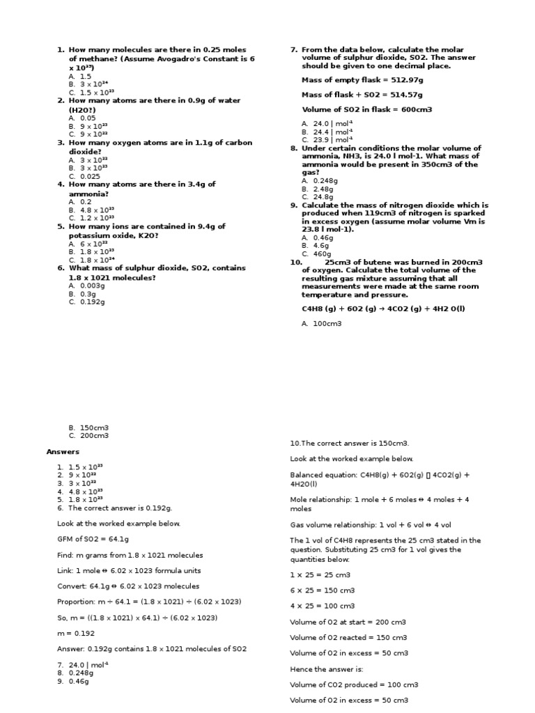 Moles Test | PDF | Mole (Unit) | Properties Of Water