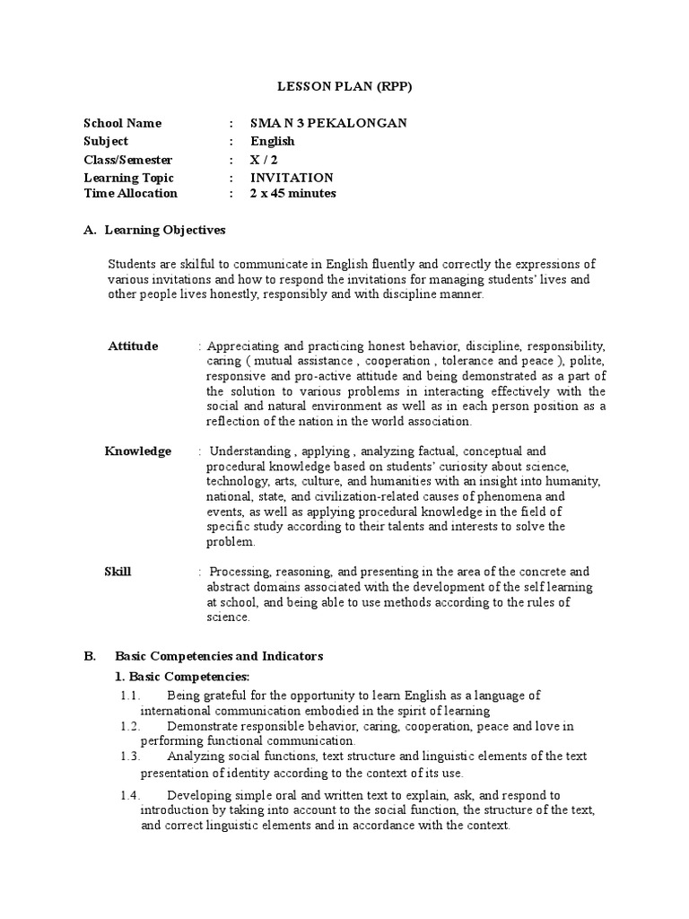 Lesson Plan of Invitation - M Hidayat M (0630100921) Elcd | PDF ...