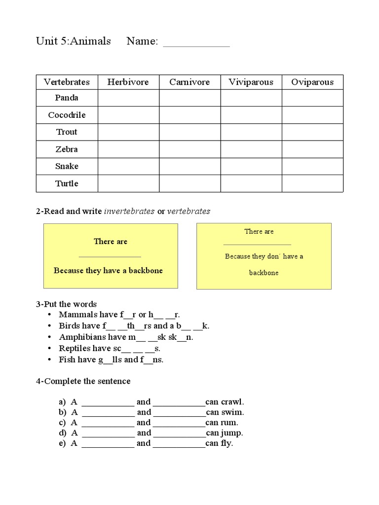 Unit 5:animals Name:: Vertebrates Herbivore Carnivore Viviparous ...