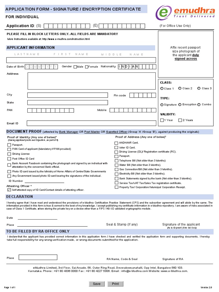 Emudhra Class2 Class3 Individual Digital Signature Form | PDF ...