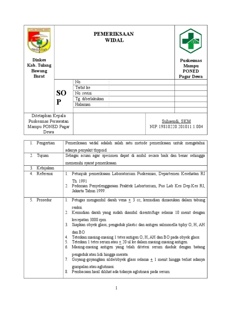 Sop. Pemeriksaan Widal | PDF