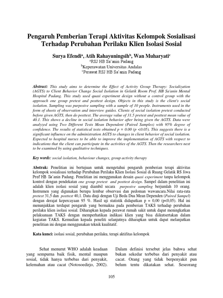 Pengaruh Pemberian Terapi Aktivitas Kelompok Sosialisasi Terhadap Perubahan Perilaku Klien ...