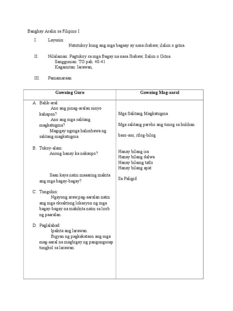 Banghay Aralin Sa Filipino I | PDF