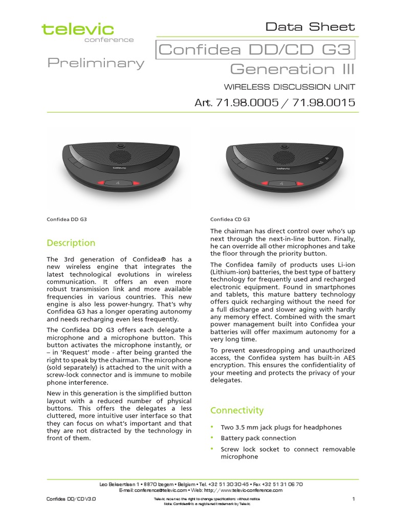 Televic Confidea DD CD WiFi | PDF | Microphone | Headphones