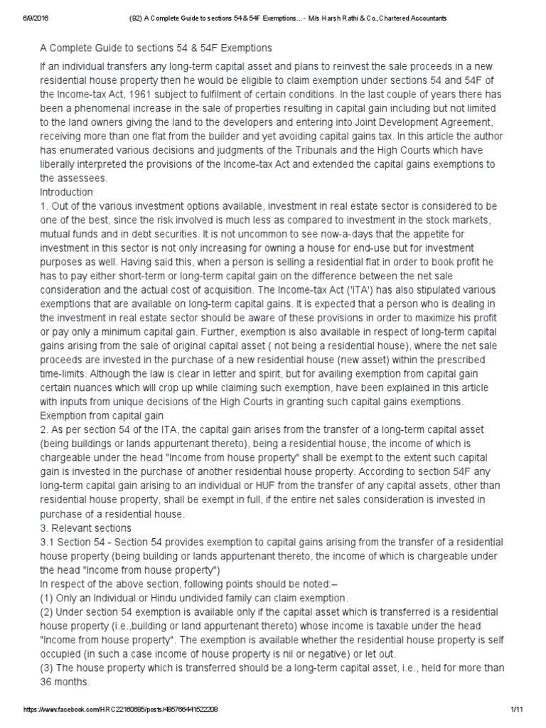 Guide to Sections 54 & 54F Exemptions | PDF | Capital Gains Tax | Tax ...