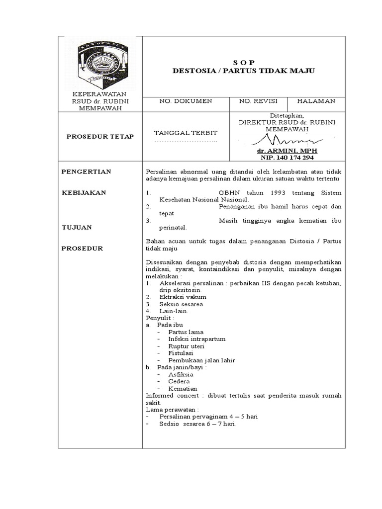SOP Keperawatan Kebidanan - Destosia Partus Tidak Maju | PDF