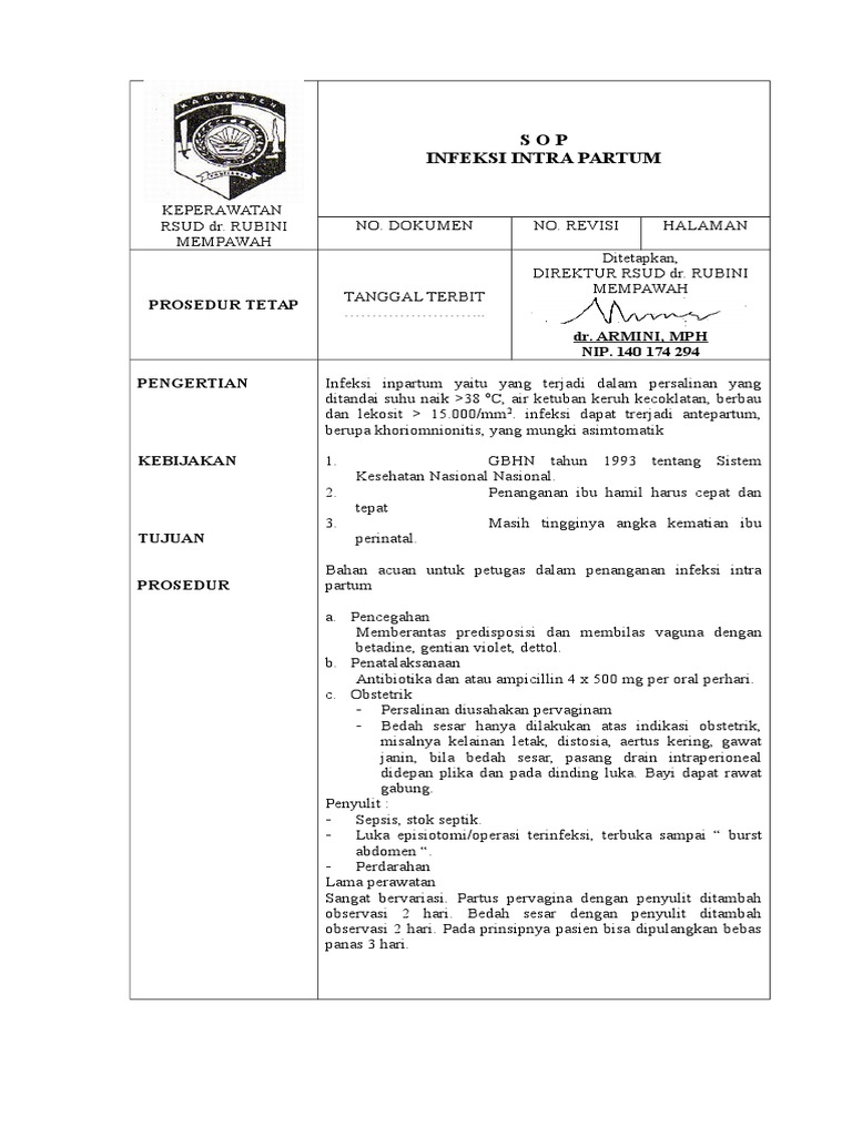SOP Keperawatan Kebidanan - Infeksi Intra Partum | PDF