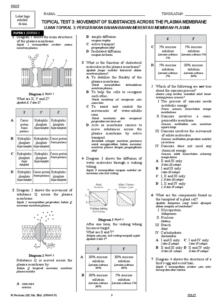 IT Bio F4 Topical Test 3 (BL) | PDF | Cell Membrane | Osmosis