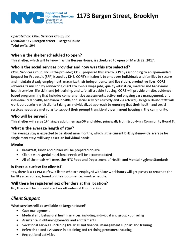 1173 Bergen St. Fact Sheet, Dept. of Homeless Services | Health Care ...